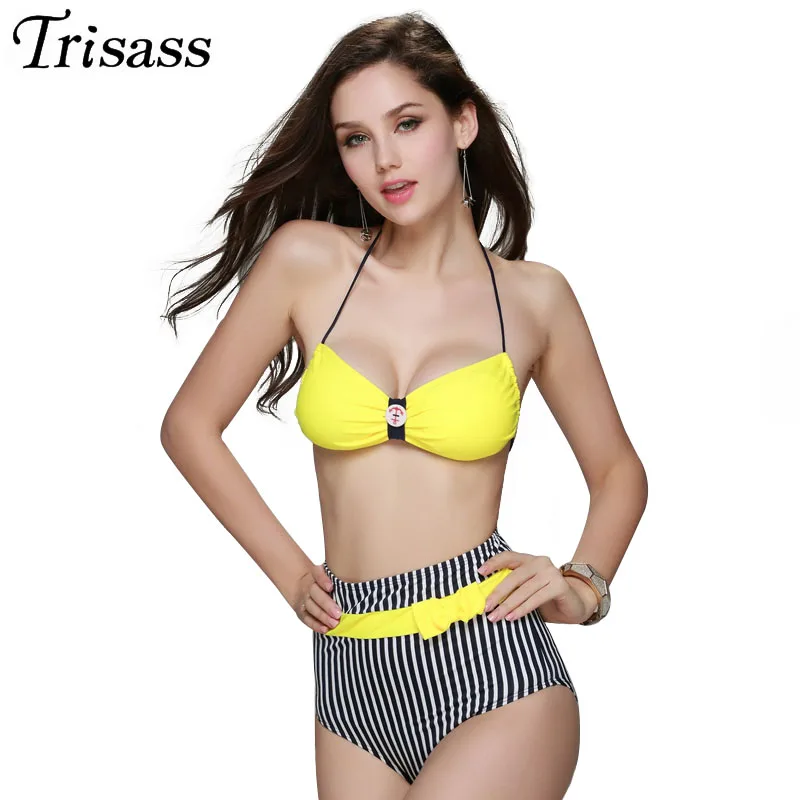 2017 New Yellow Striped Swimwear Women High Waist Bikini Set Bandage
