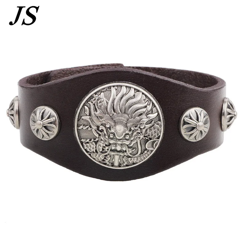 JS Vintage Comfortable Leather Cuff Bracelets Male Retro Tribal Chinese ...