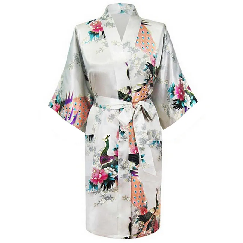 Novelty Printed White Chinese Women Silk Robe Bat wing Sleeve Nightgown ...