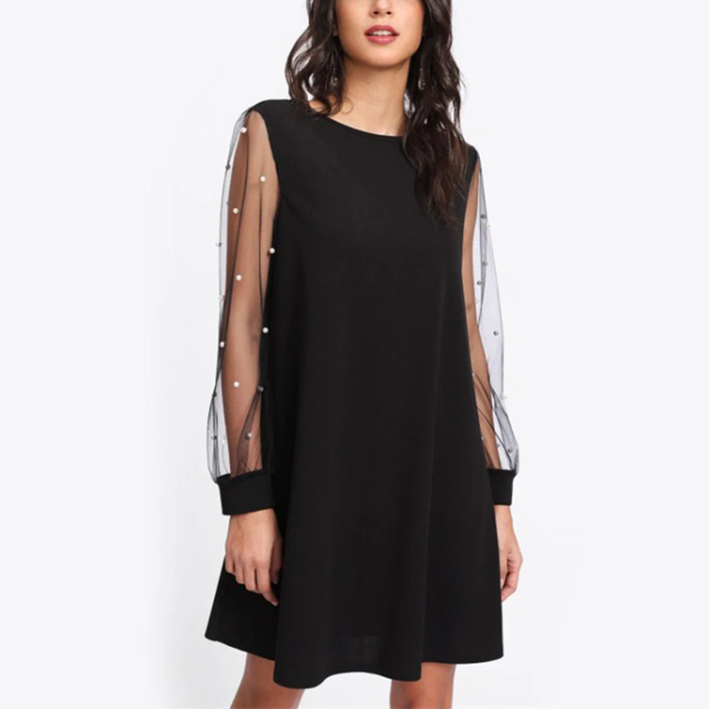 2018 Mini Dress Women Sexy Long Puff Sleeve Mesh Beach Dress ...