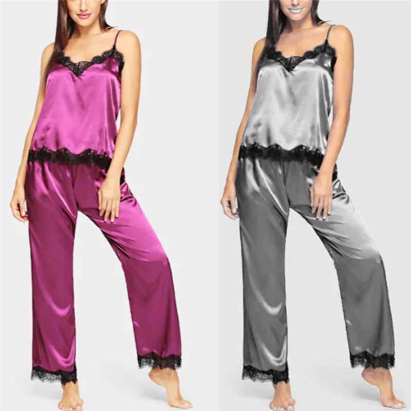 2 Stücke Frauen Sexy Sommer Spitze Patchwork V Ausschnitt Nachtwäsche