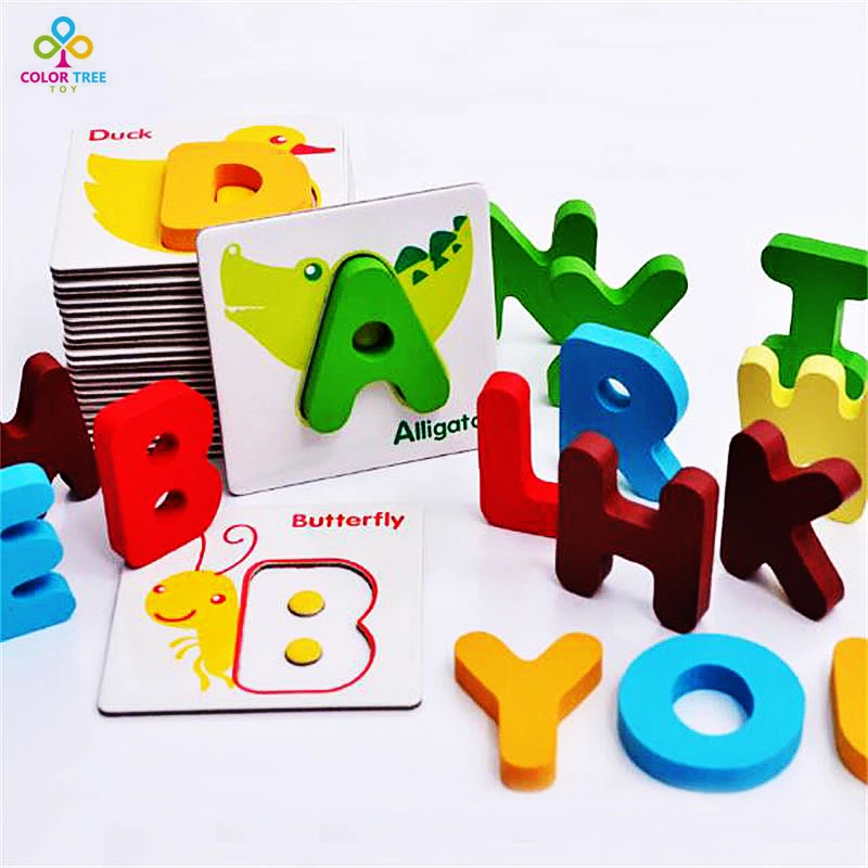 26pcs New Wooden Alphabet Letter Cards 3D Cognitive Toys Animal Puzzle ...