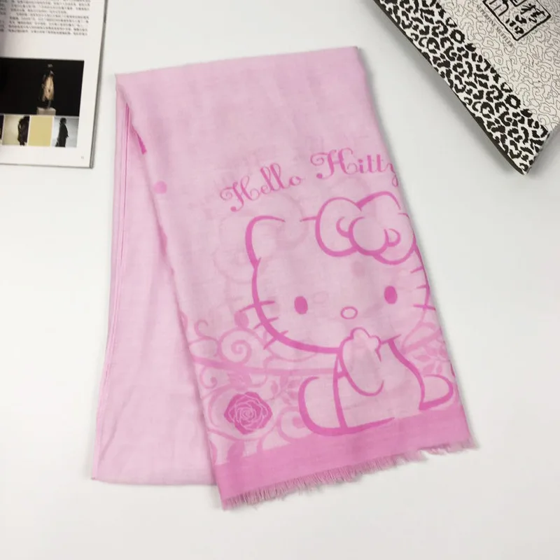 New Hello Kitty Scarf Girl Children Cartoon Pink Cat Print Shawl Tassel ...