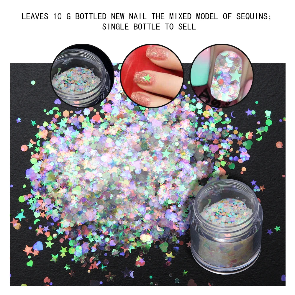 1 병 믹스 머메이드 스팽글 스타 문 플레이크 네일 아트 데코레이션 하트 홀로 샤이니 글리터 3d 매니큐어 Uv 젤 폴란드어