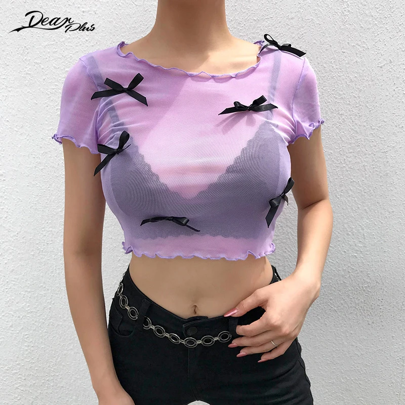 Mesh Transparent Sexy Crop Top Women Lettuce Trim Bow Knot Applique ...