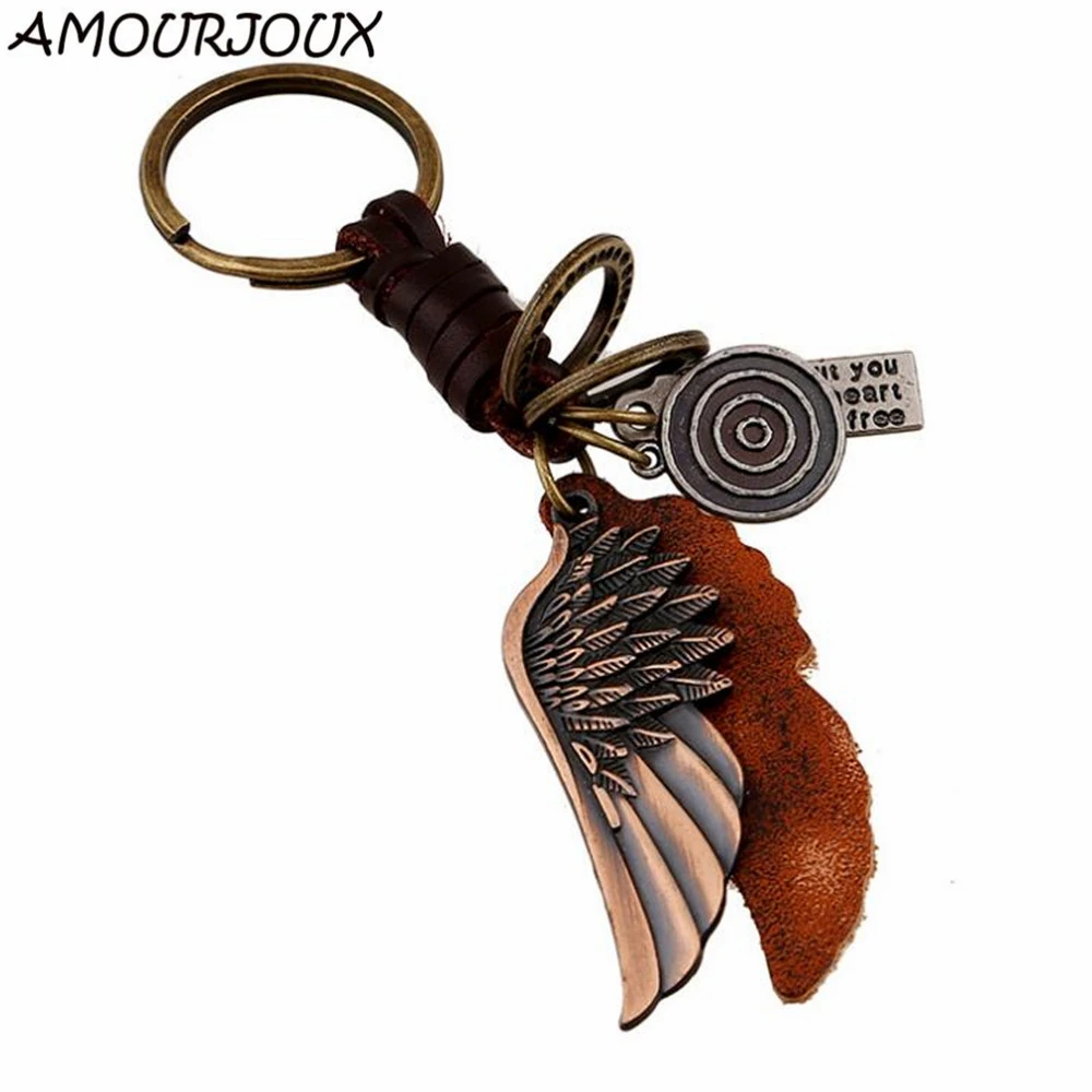AMOURJOUX Angel Wing Pendant Genuine Leather Key Chains For Women Men ...