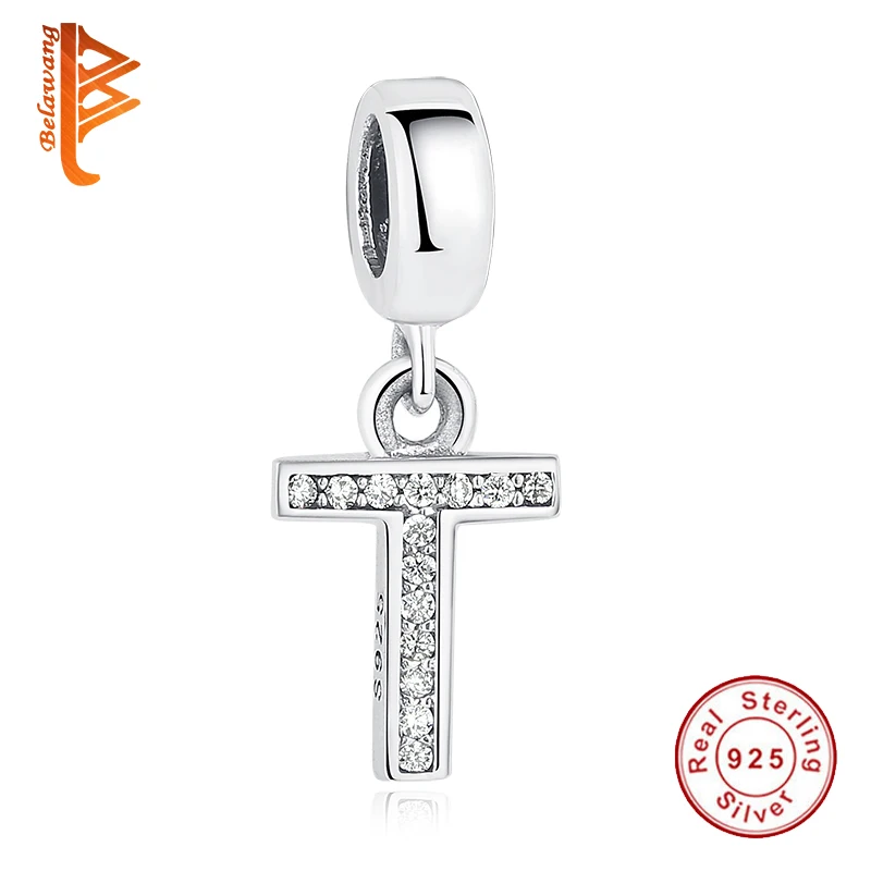 With S925 LOGO 925 Sterling Silver Alphabet T Crystal Charms Bead fit Original BW Bracelet ...
