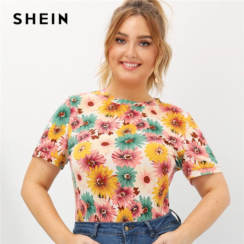 Shein Plus Size Multicolor Floral Print Fitted Top Tee 2019 Women Summer Casual Round Neck Short