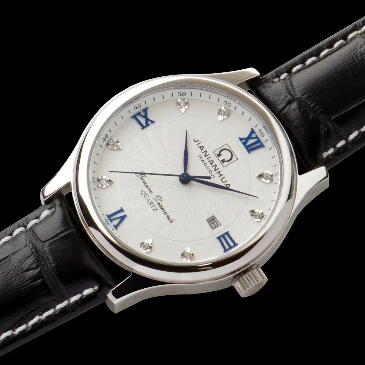 Gorgeous jianianhua series black Emboss strap blue diamond needle ...