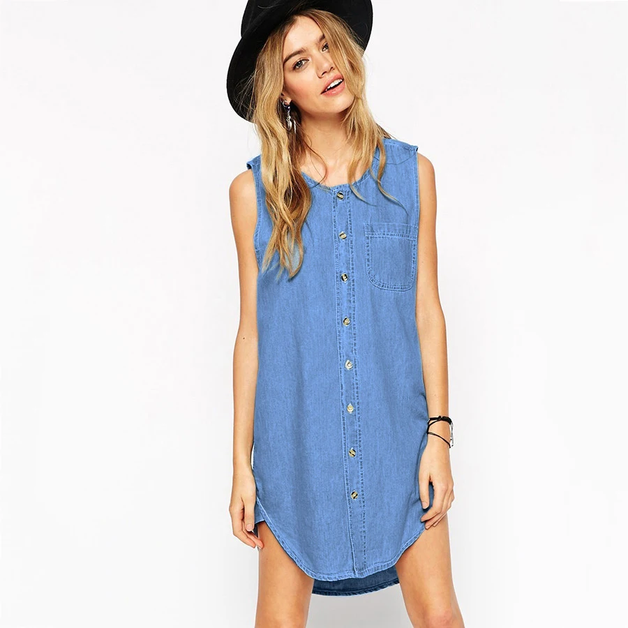 2016 Denim Dress Summer Style Front Button Shirt Denim Sundress Women ...
