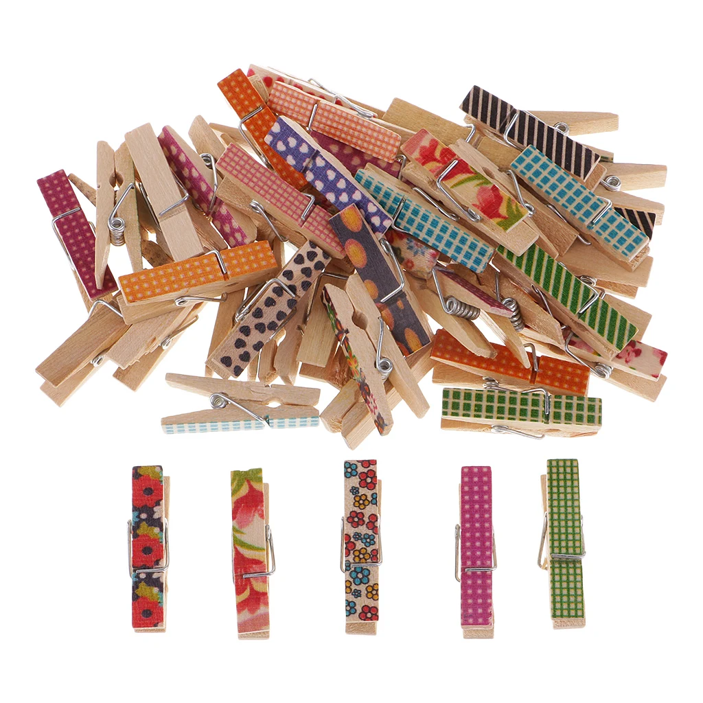 50pc Wedding Party Hanging Ornaments Clips Patterned Wooden Clips Mini ...