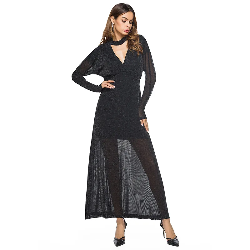 Buy Designer Dress 2017 Long Sleeve Deep V Maxi Dress High Quality Net Yarn