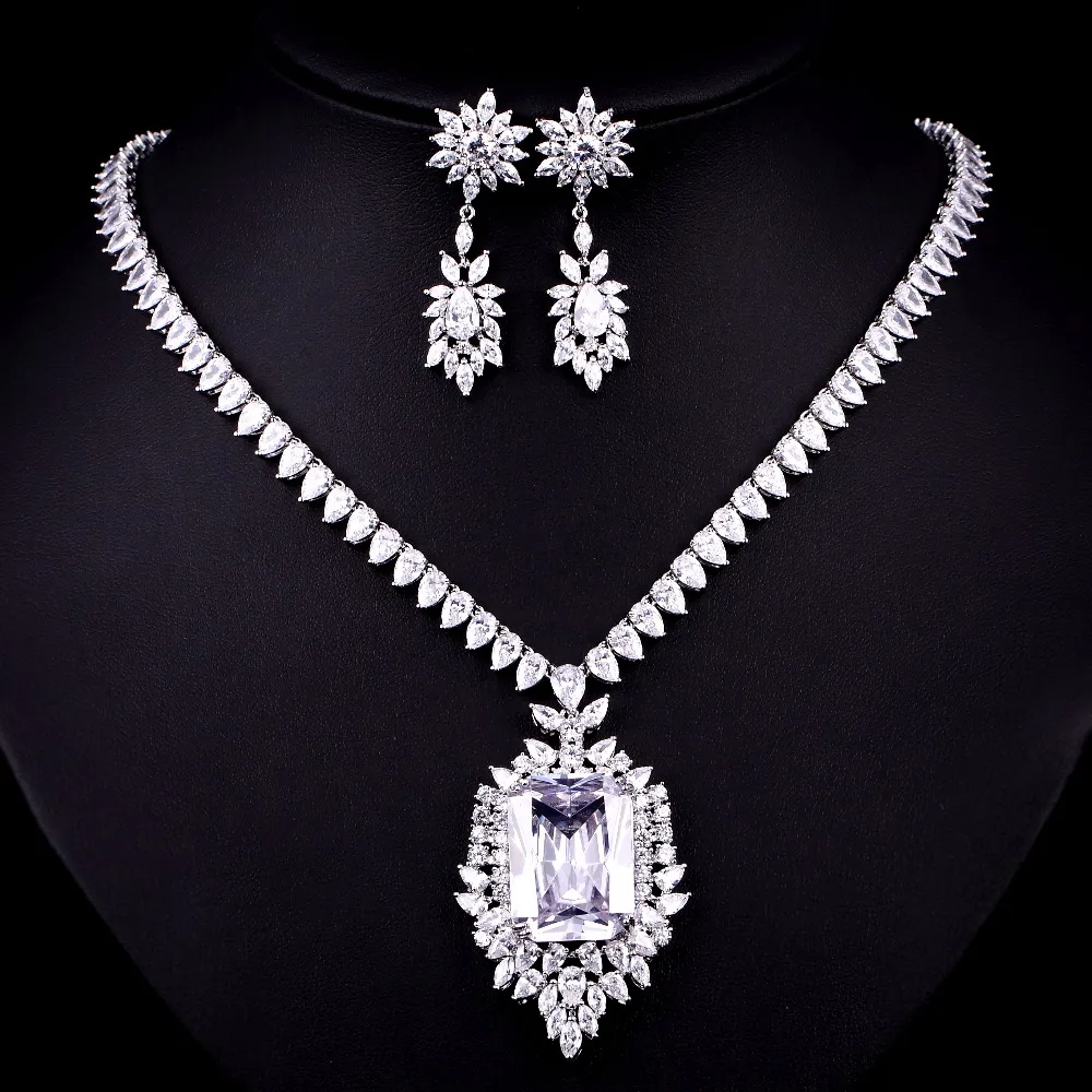 UILZ Luxury Flower Jewelry Set Rectangle Cubic Zircon Earrings ...