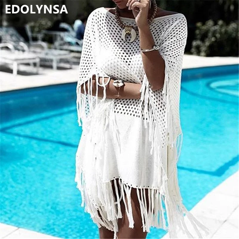 2019 Fringed Summer Women Beach Wear Swim Suit Cover Up Bath Dress Sexy White Crochet Tunic