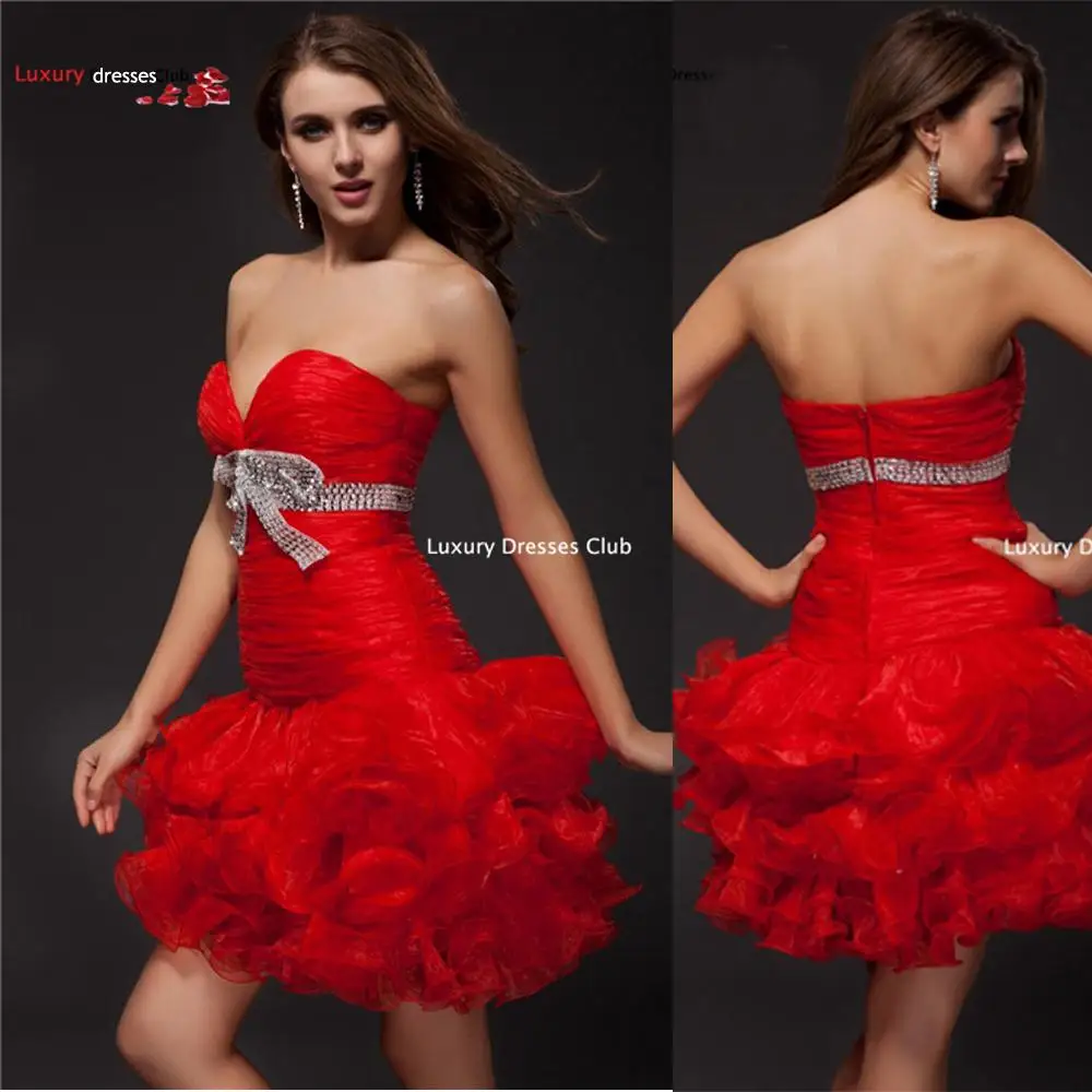 Red Short Prom dresses 2016 Sweetheart Bowknot Beaded Satin Mini Ball ...