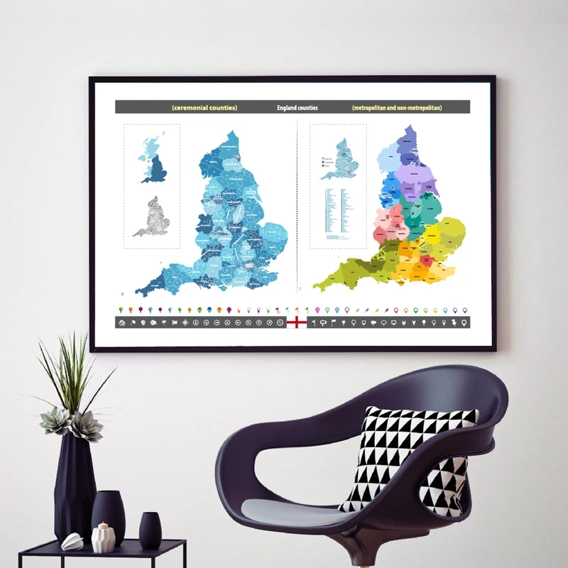 England Counties Map Canvas Poster Prints Ceremonial and Metropolitan ...
