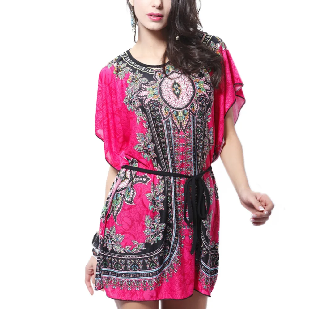 Women Casual Ice Silk Loose Bat Sleeve Oversized Sashes Bohemian Style ...