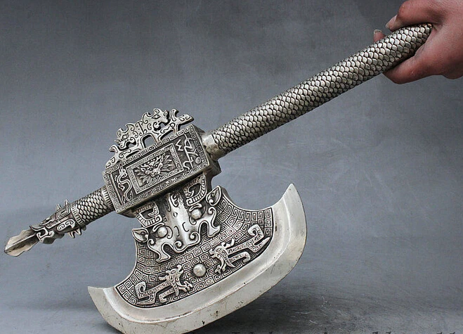 decoration Tibet copper silver 19" Ancient China Silver Dragon Lion ...