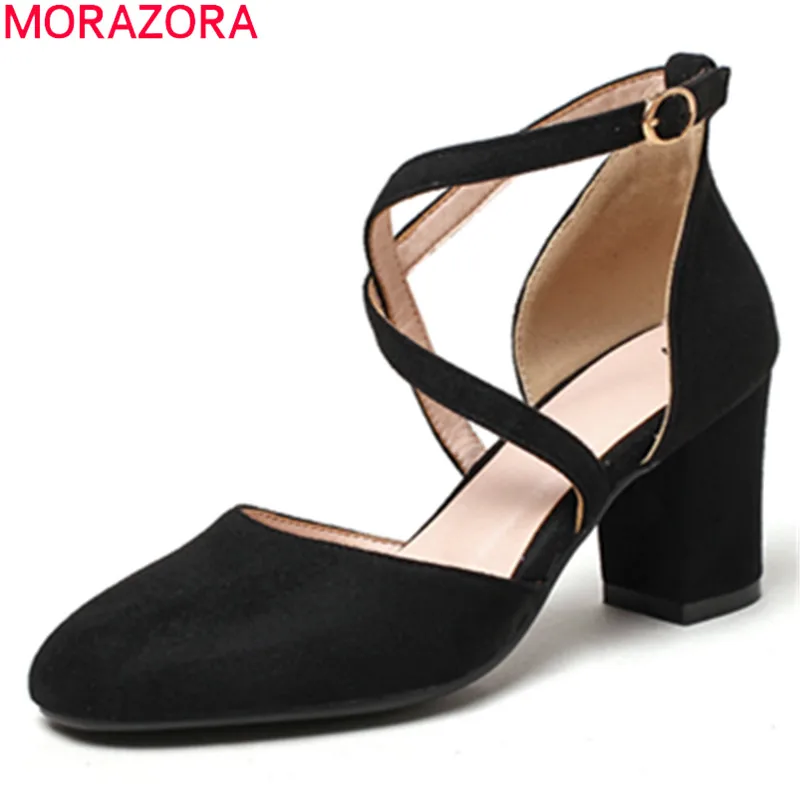 MORAZORA spring summer pumps women shoes high heels square heel flock ...