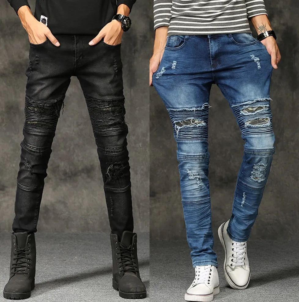 mens Strech ripped biker jeans skinny light blue Distressed kanye ...