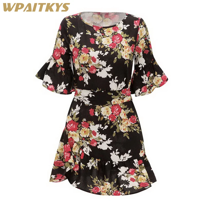 2018 o cuello Flare manga mujeres de poliéster banquete Mini vestido ...