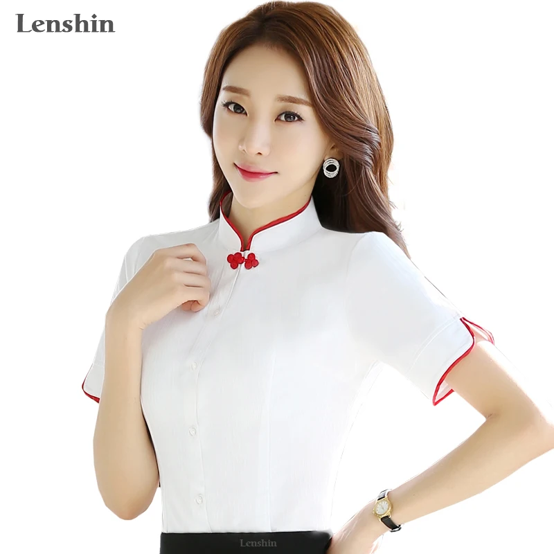 Chinese Women Blouses Shirt Female Short Sleeve Mandarin Collar White