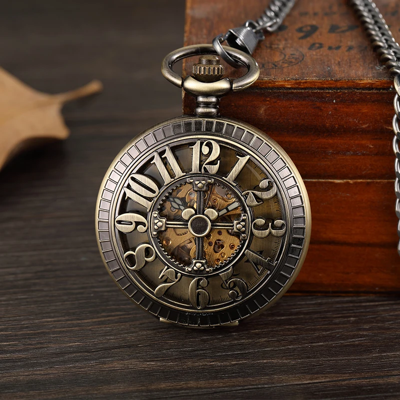 Vintage Bronze Arabic Numerals Case Skeleton Mechanical Pocket Watch ...
