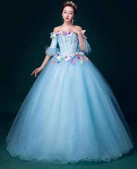 100% real light blue crystal rhinestone beading flower medieval dress ...