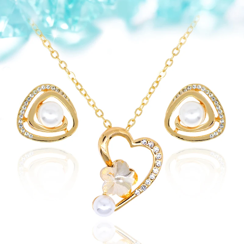 Gold Heart shaped Necklace Earrings Women Fashion Wedding 2 pieces ...