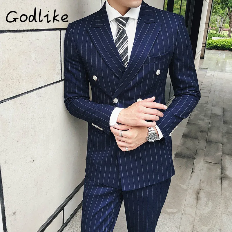 mens suits blazers / mens suits jacket /Vertical stripe Korean double ...