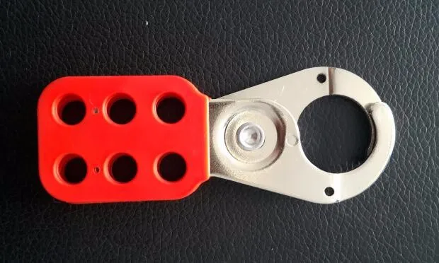 Lockout Hasp chrome coated steel, scissor action 25mm dia jaws, red ...