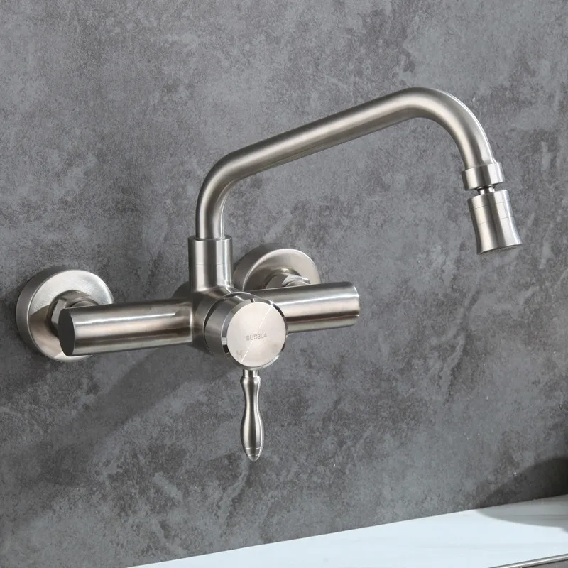 Wall mounted Brushed stainless steel kitchen faucet with Rotatable Two ...