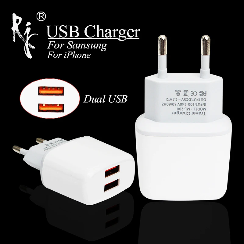 5v 2a Eu Plug Dual Usb Charger For Apple Iphone 5 5s 5c 6 6s 7 Travel ...