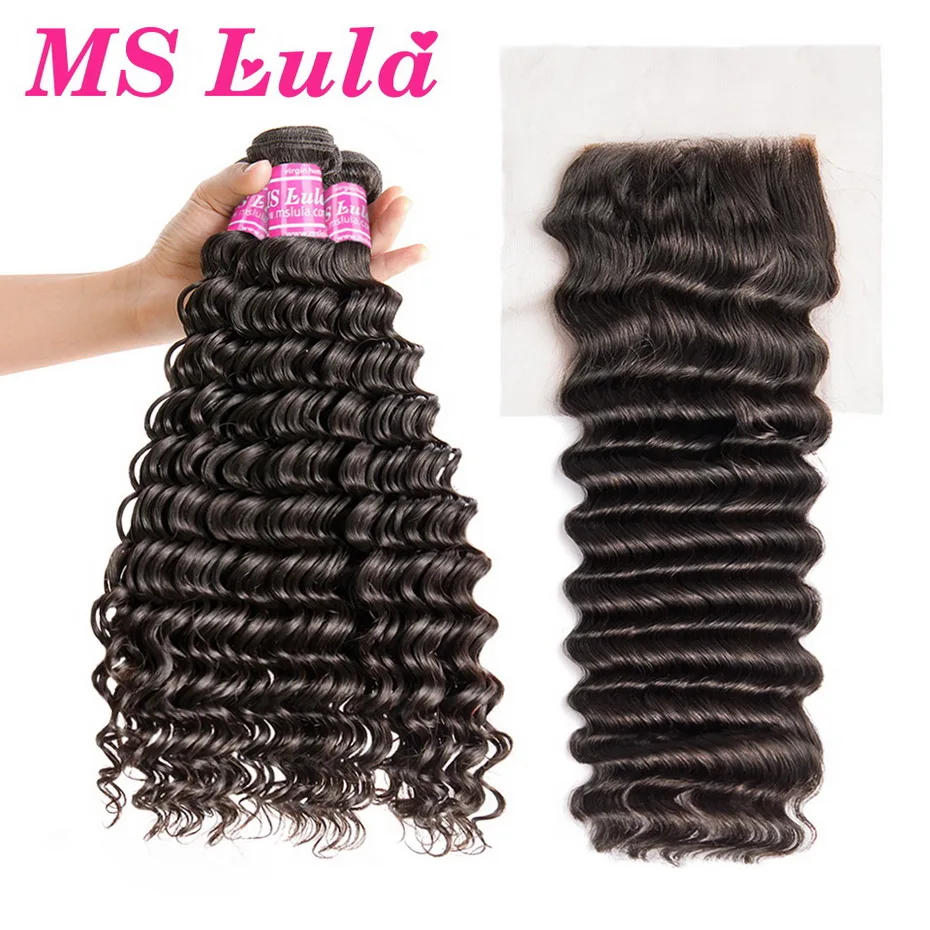 MS Lula Peruvian Deep Wave Weave 3 Bundles With 4X4 Closure Human Hair ...