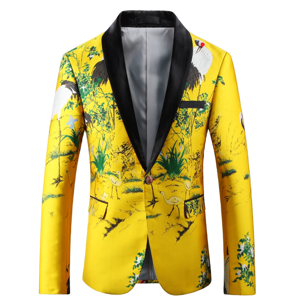 2018 Men Yellow Printed Blazer Embroidery Slim Fit Big Size 4XL 5XL ...