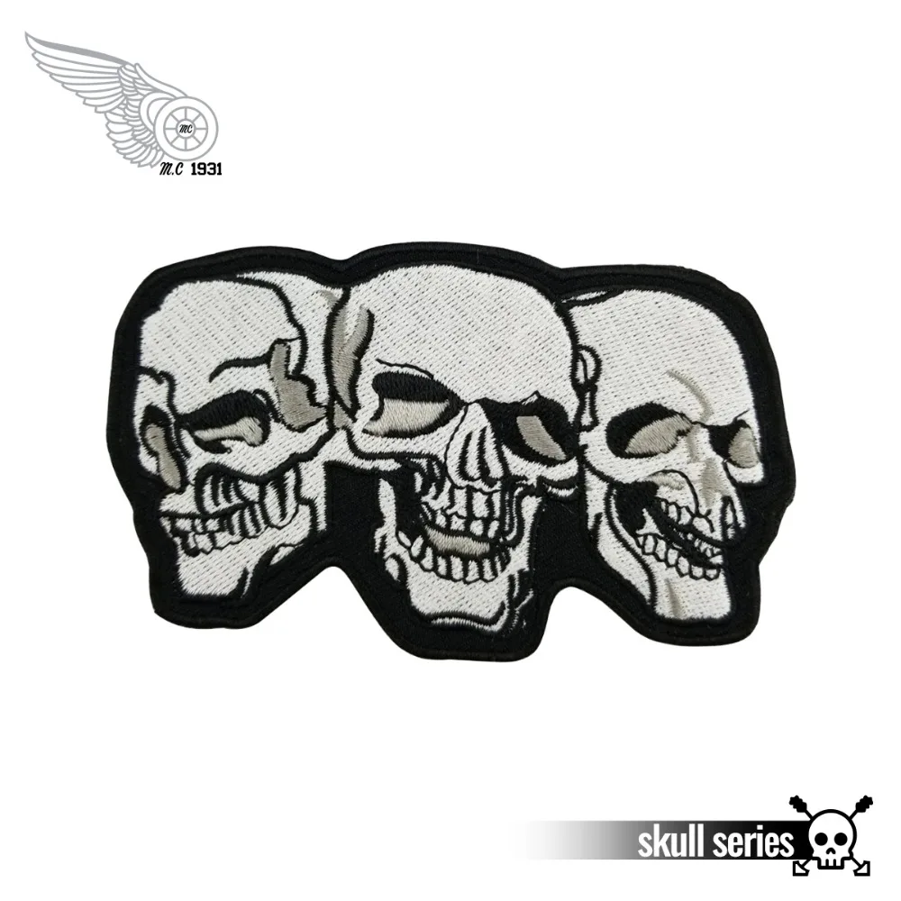 Three head skull patch front patch embroidery iron on cool biker mini ...