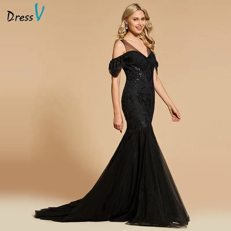 Dressv Black Evening Dress Mermaid Elegant V Neck Lace Sequins Floor