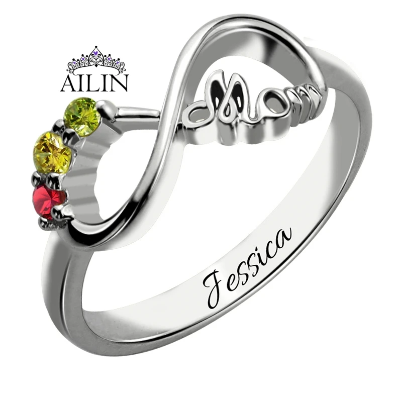 Wholesale Silver Infinity Ring With 3 Birthstones Moms Ring