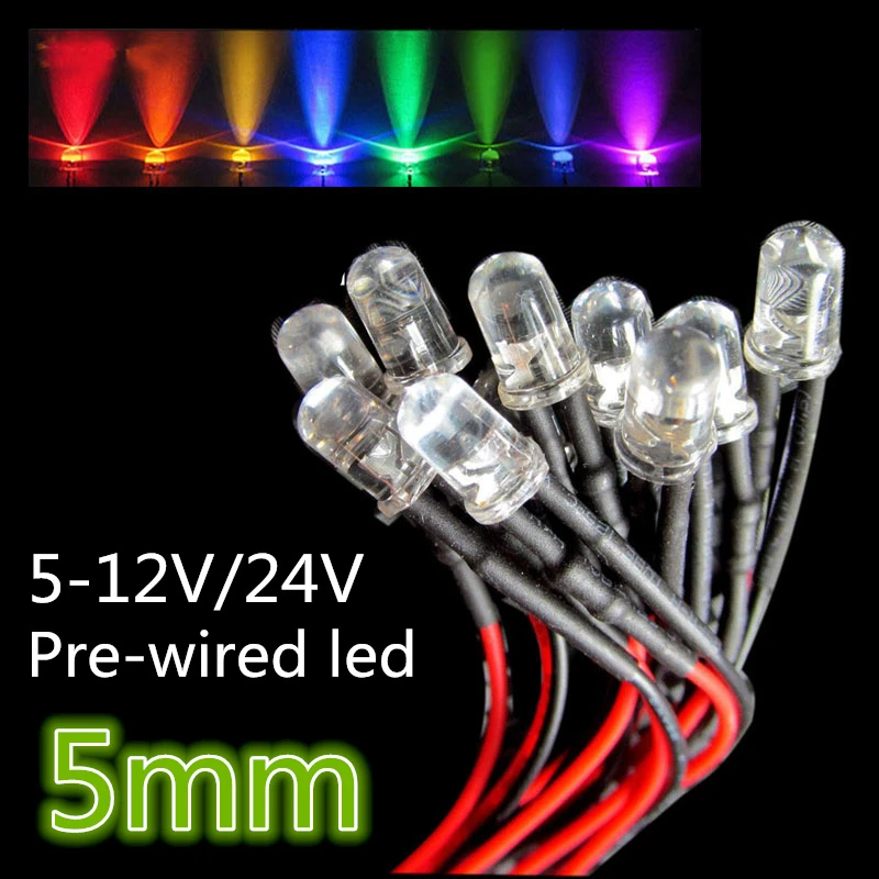 100pcs 12V/24V Pre wired 5mm Bright LEDs Bulb Warm white/Red/Green/Blue ...