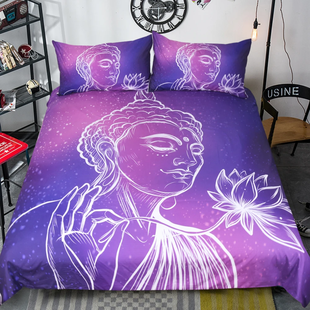 Fashion Purple Buddha Lotus Bedding Set Bedclothes,Microfiber Bed Linen ...