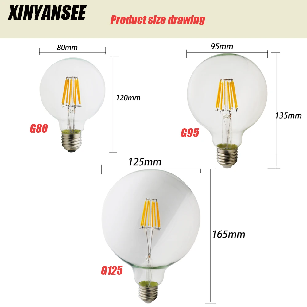 Led Filament Bulb G125 G95 G80 Big light bulb 4W 8W filament led bulb E27 clear glass Dimmable ...