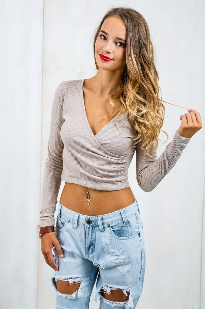 European new fashion dark V neck sexy bare midriff long sleeve dark ...