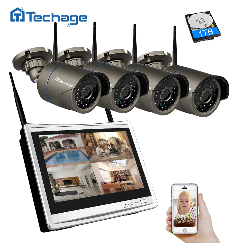 Techage 4ch 1080p Wireless Nvr 12" Lcd Monitor Screen 960p Wifi Cctv ...
