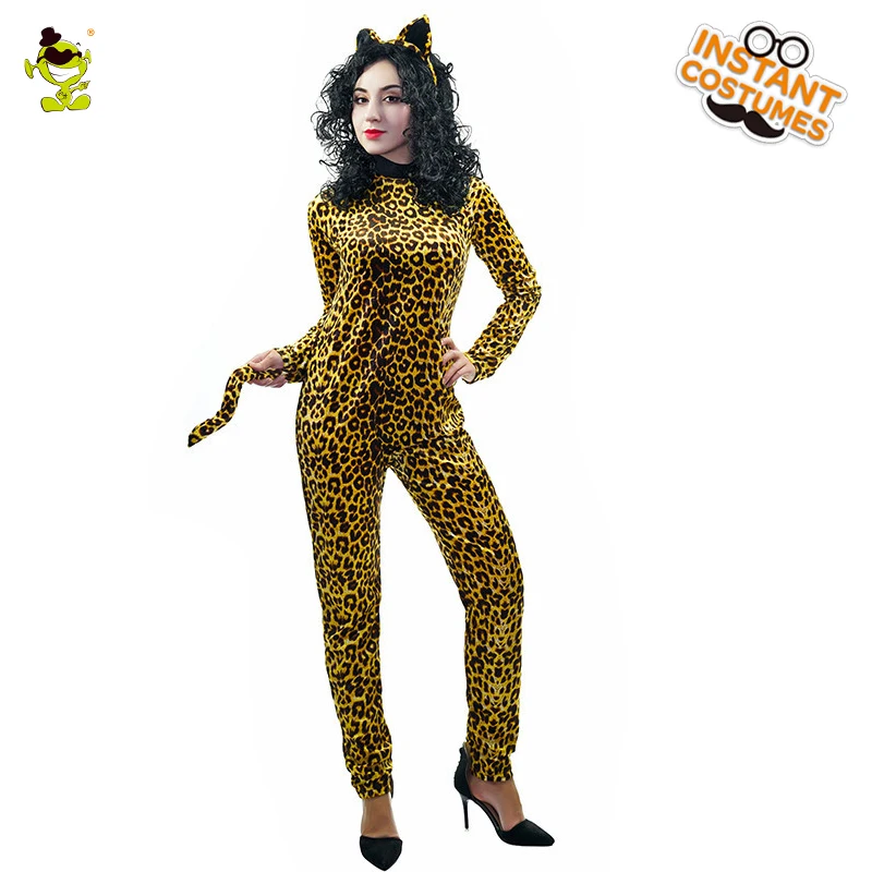 Women Fashion Leopard Costumes With Headpiece Adult Carnival Masquerade Sexy Leopard Girl Role