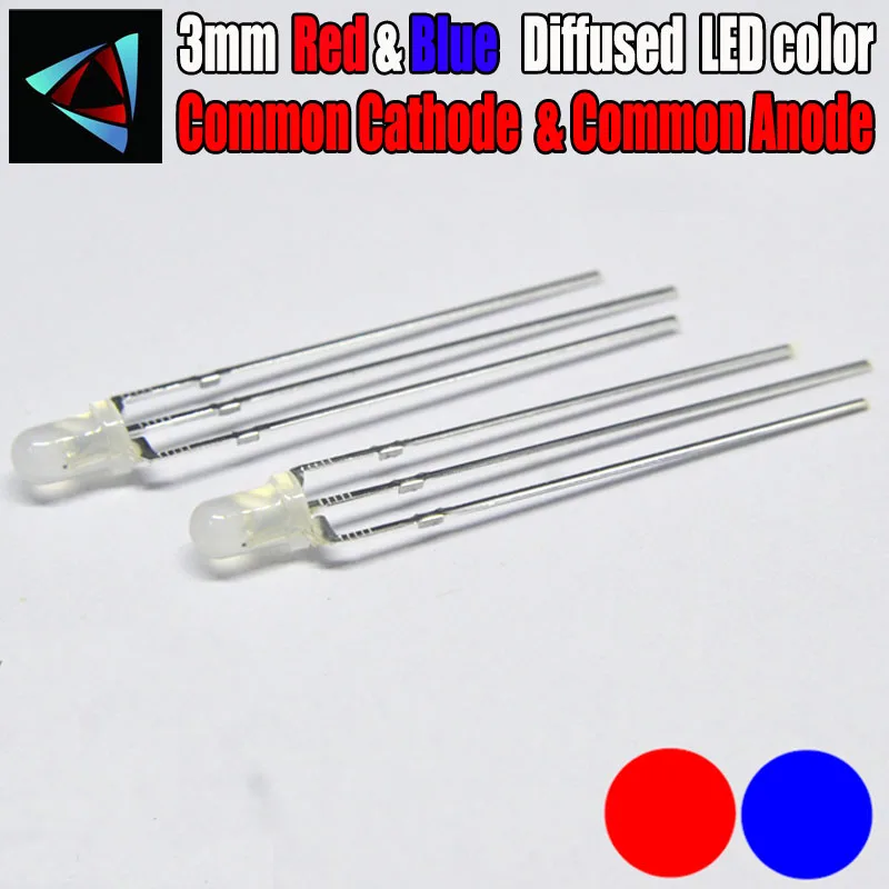 50pcs Led 3mm Diffused Blue And Red Common Cathode Common Anode 3 Pin ...