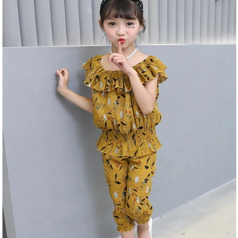 floral chiffon girls clothing sets teens summer kids clothing sets for ...
