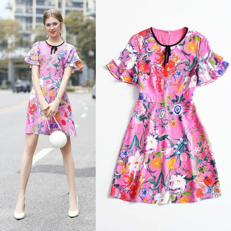 OLN 2018 runway women dress fashion pink print dresses luxury Ruffles ...