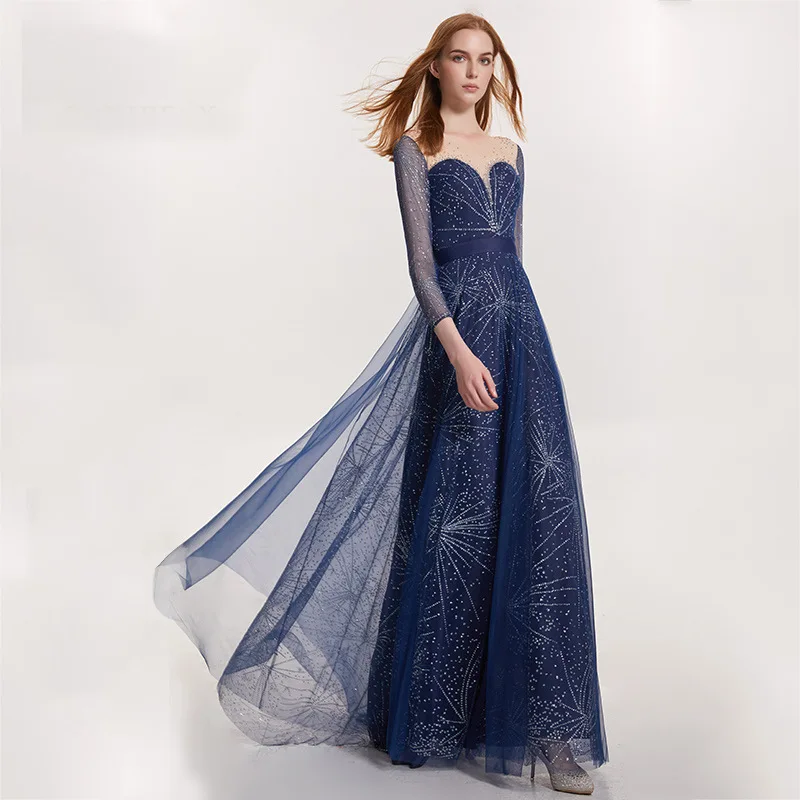 Sexy Navy Sheer Neck Shiny Sequin Beads Vestidos De Festa Tulle ...