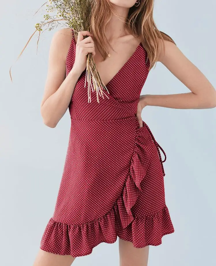 2018 New Womens Waistband Dress Dot Printing Sweet Ruffles Mini Dress