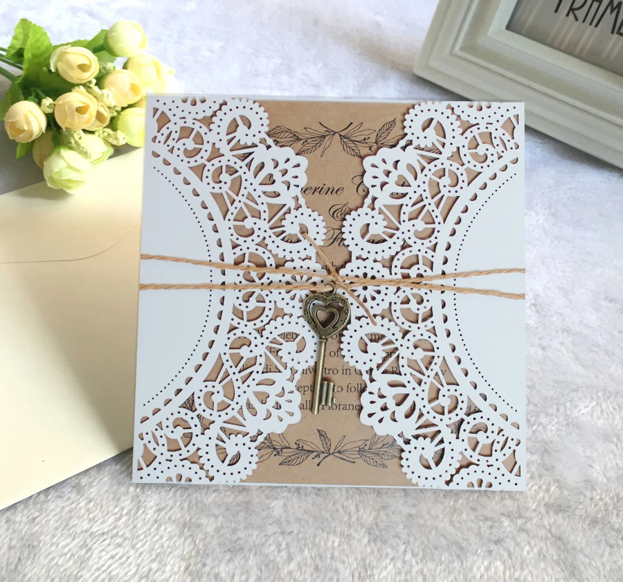 Vintage Invitations With A Key Pendant, Customized Wedding Invitation ...